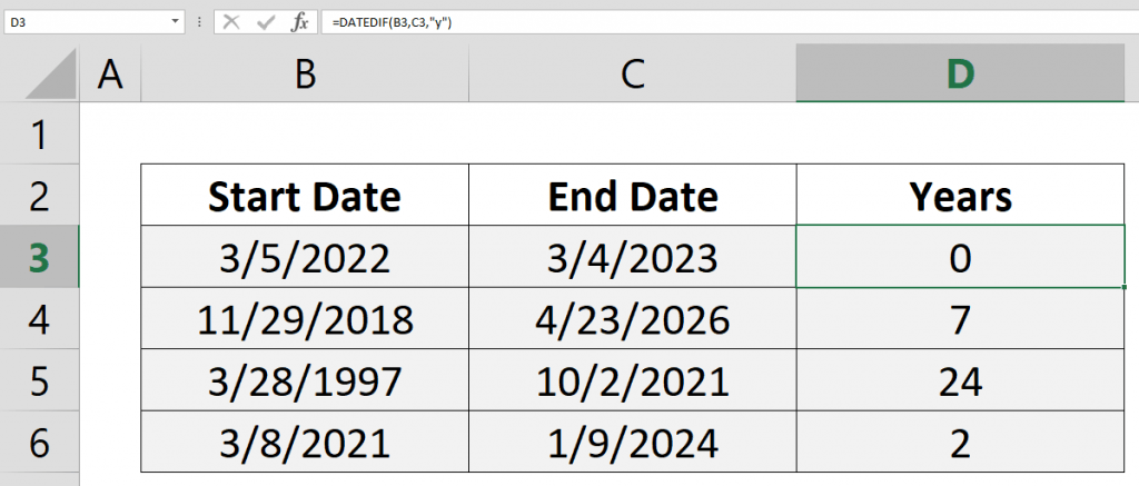 How to count years between two dates with the DATEDIF