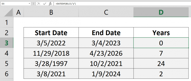 How to count years between two dates with the DATEDIF