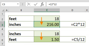 How to convert feet to inches, and vice versa in Excel