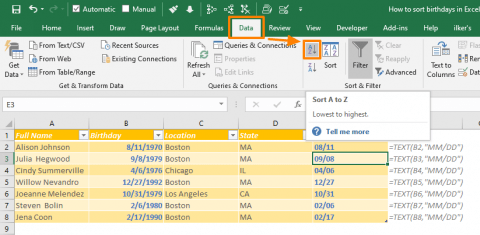 How to sort birthdays in Excel