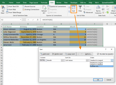 How to sort dates by month in Excel