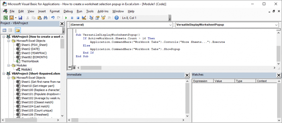 How to create a worksheet selection popup in Excel