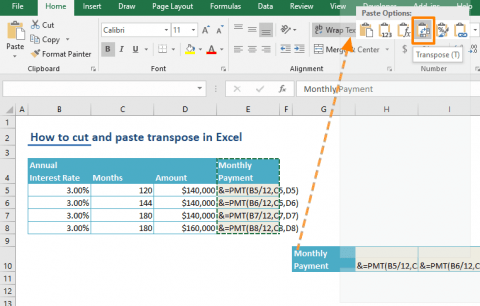 How to cut and paste transpose in Excel