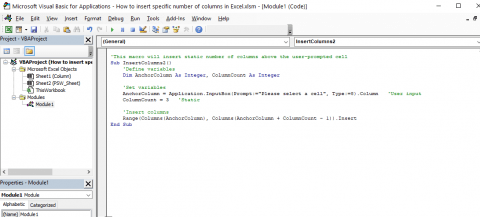 How to insert specific number of columns in Excel