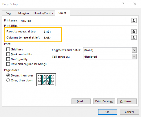 How to print header row and column in Excel