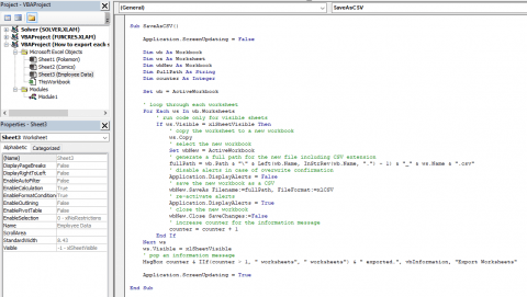How to save each sheet as CSV in Excel