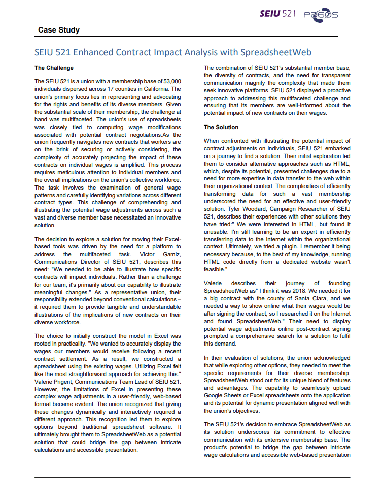SEIU 521 Enhanced Contract Impact Analysis with SpreadsheetWeb